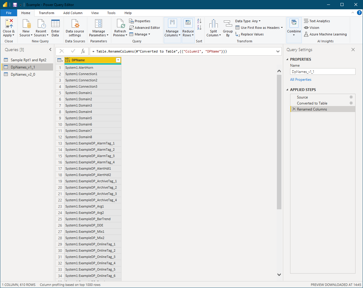 REST Reporting API - Power BI Example "/reporting/DPNames"