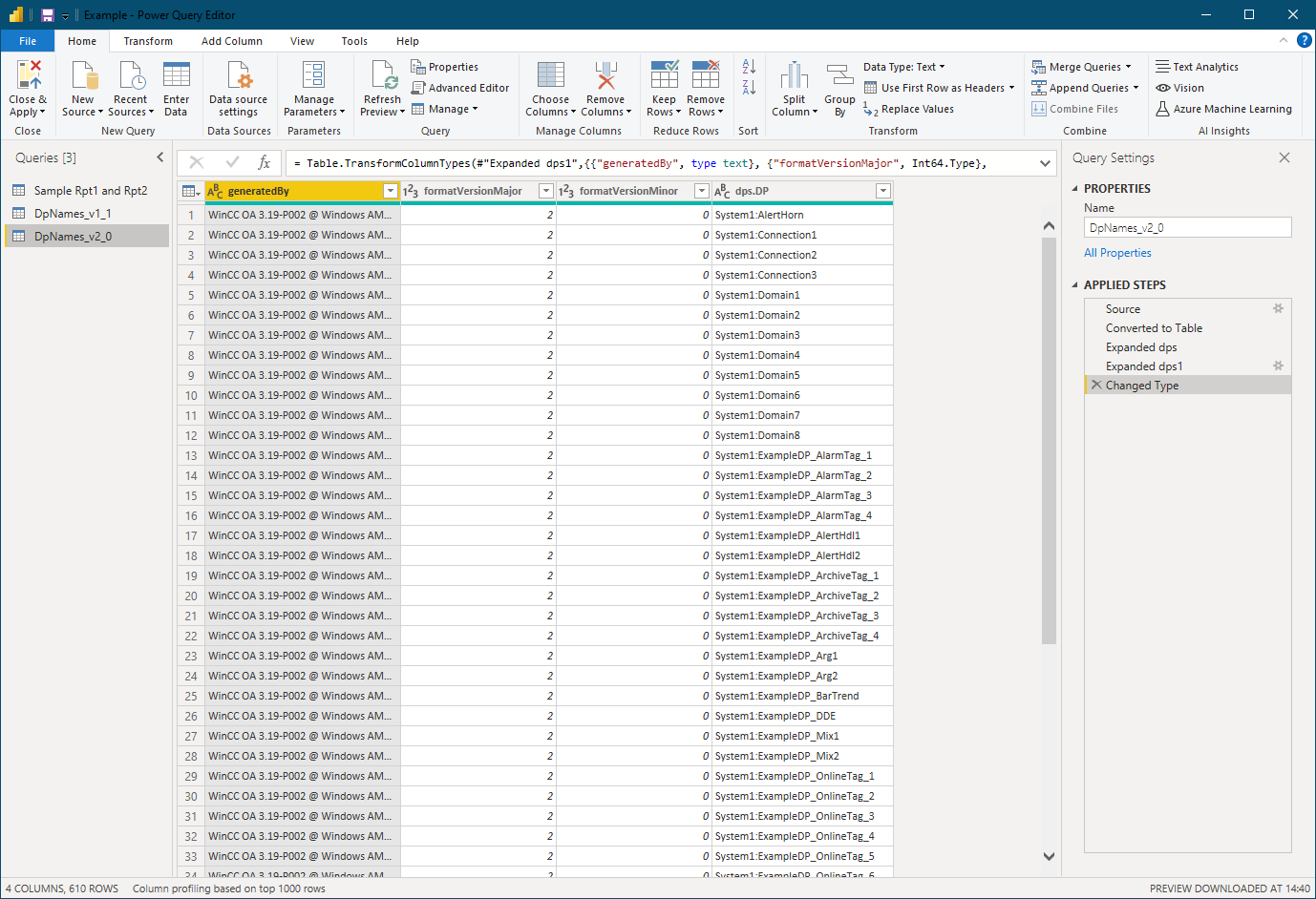 REST Reporting API - Power BI Example "/reporting/DPNames"